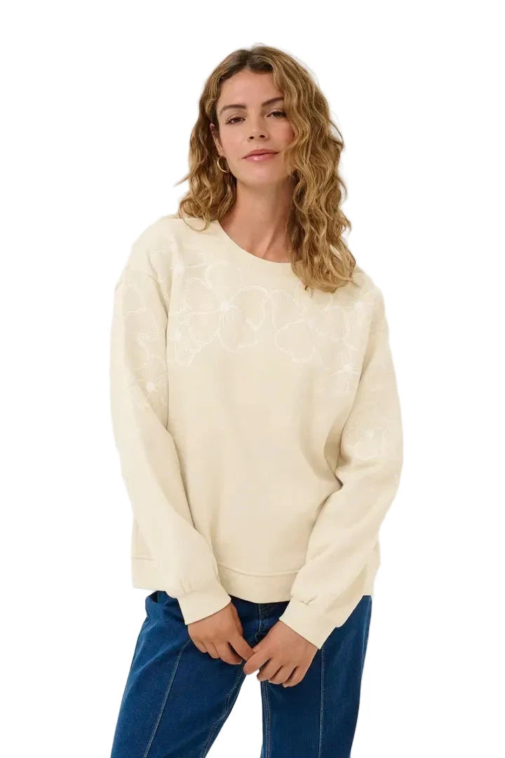 FLOWER DETAILED NECKLINE CREAM CREW NECK SWEATSHIRT – FashionWear Canada